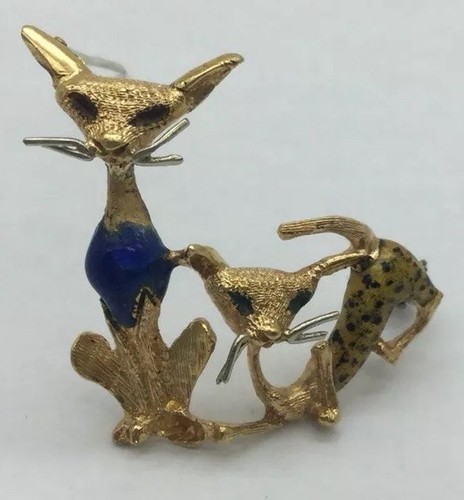 18K Yellow Gold Antique Brooch 2 Skinny CATS Kittens Enamel Vintage Pin ...