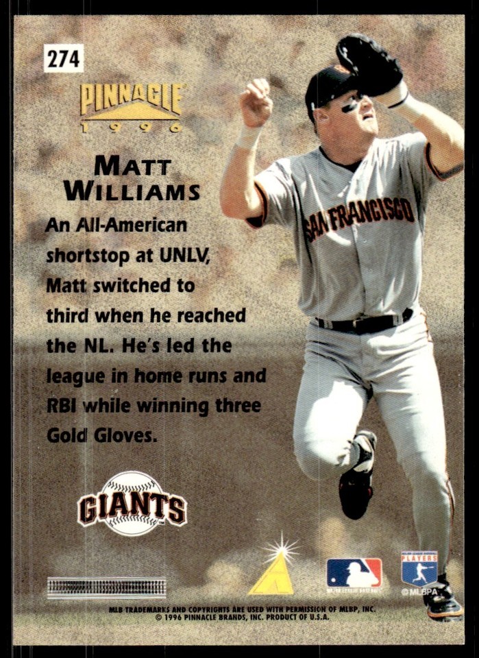 1996 Pinnacle Baseball Card Matt Williams San Francisco Giants #274 | eBay