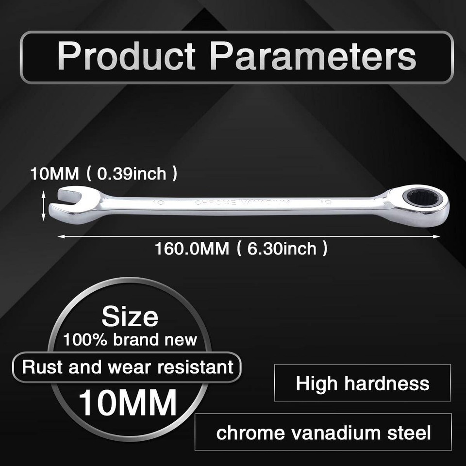 10mm Fixed Ratcheting Wrench And Handle Spanners Hand Tools Set Chrome ...