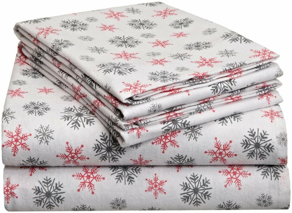Twin XL Full Queen Cal King Bed Red Green Snowflake 4pc Cotton Flannel ...