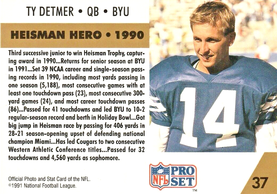 Ty Detmer 1991 Pro Set #37 Heisman Hero BYU Football Card- Free ...