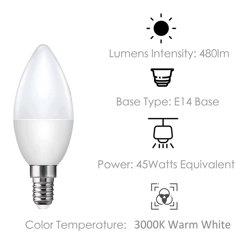 6x E14 LED Candle Bulbs C37 6W Warm White 3000K 480lm = 60W SES Small ...