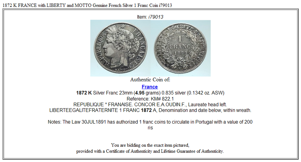 1872 K FRANCE with LIBERTY and MOTTO Genuine French Silver 1 Franc Coin ...