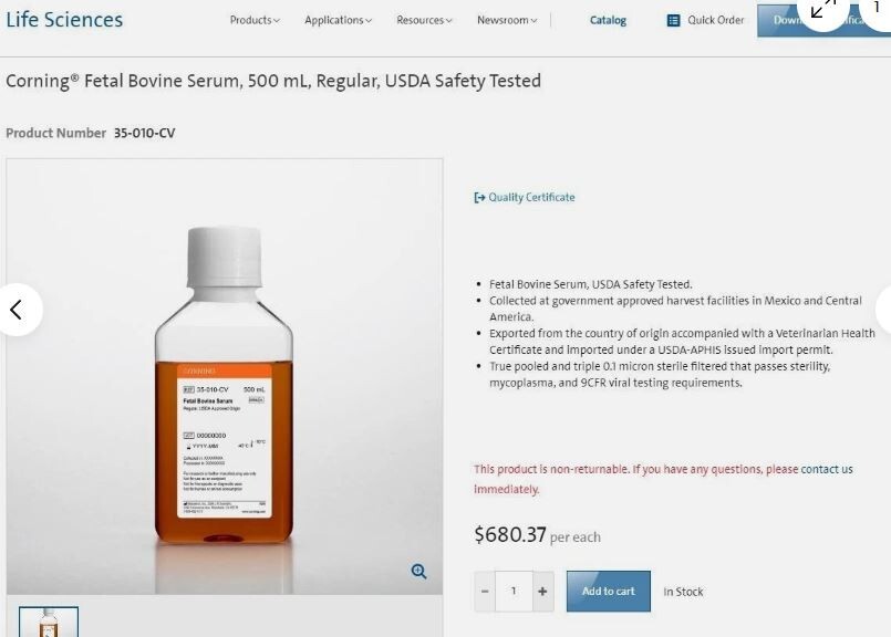 New, unopened FBS, Corning fetal bovine serum (FBS) 500ml, exp 2028 | eBay