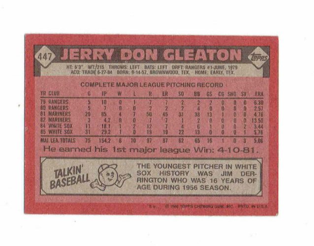 Jerry Don Gleaton White Sox Pitcher #447 1986 #Baseball Card | eBay