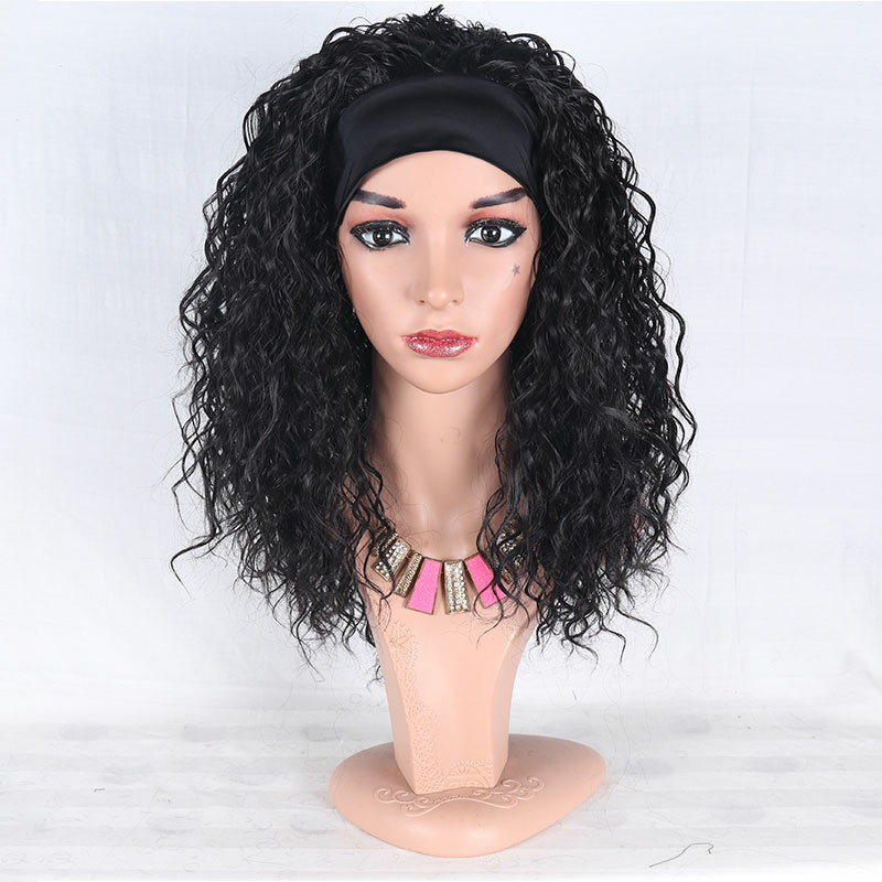 24 Inch Women Long Black Deep Wave Curly Wig Headband Wigs Synthetic ...