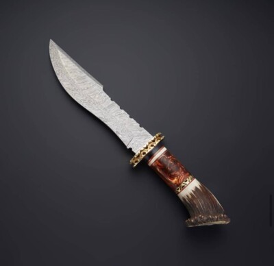 Damascus steel hand made hunting knife stag handle with leather made in ...