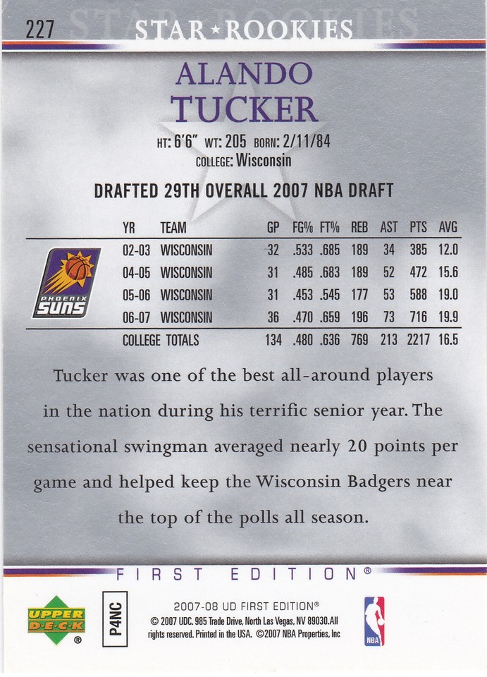 2007-08 UD 1st Edition ALANDO TUCKER Star Rookies card #227 Phoenix ...