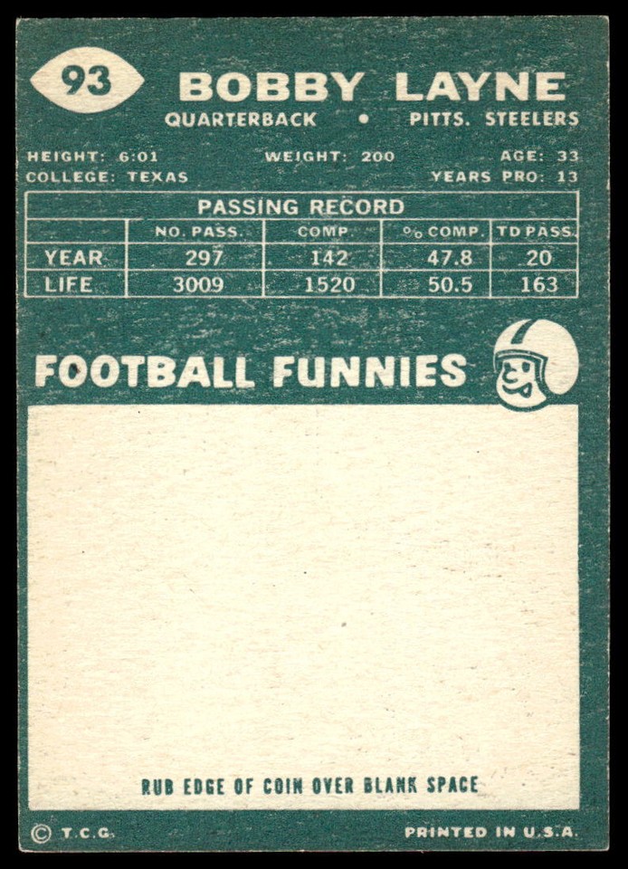 1960 Topps #93 Bobby Layne FOOTBALL Pittsburgh Steelers | eBay