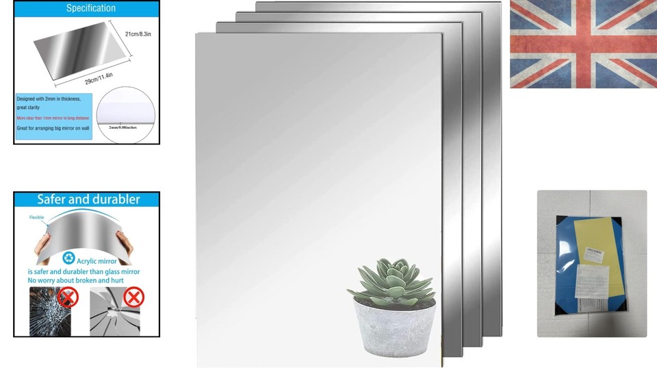 A4 Large Acrylic Mirror Tiles - 4Pcs Shatterproof, Self-Adhesive Wall ...