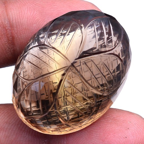 99.00 Cts Natural Smoky Quartz 33mm 25mm Oval Mughal Hand Carving Loose ...