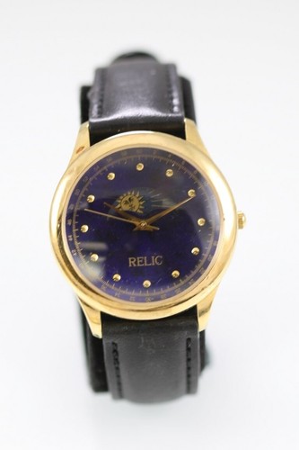 Relic Watch Men Stainless Gold Steel Water Resist Black Leather Moon ...