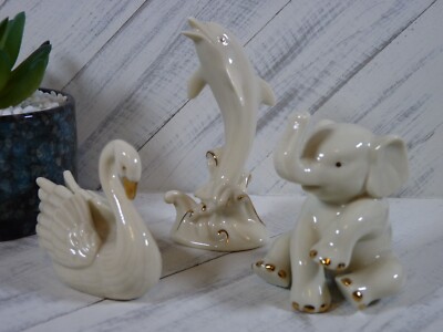 Vintage Lenox Small Animal Trio Dolphin Elephant Swan Ivory with Gold ...