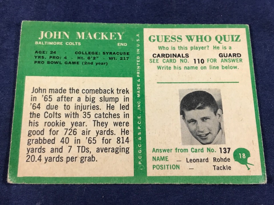 H3-47 FOOTBALL CARD - JOHN MACKEY BALTIMORE COLTS - CARD #18 - 1966 P.C ...