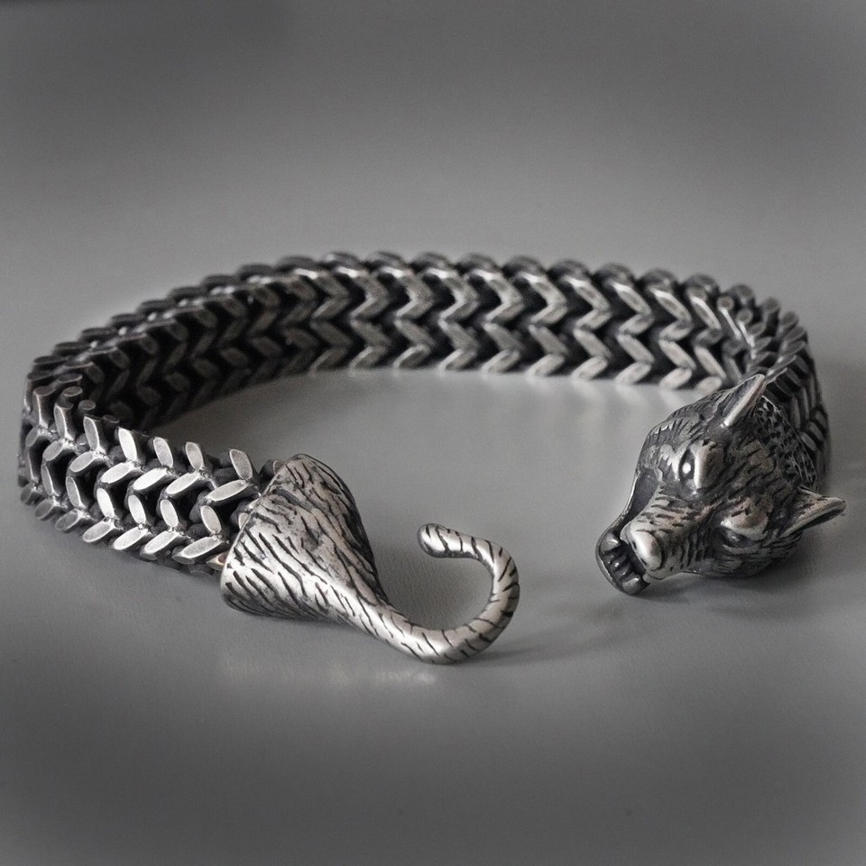 8 Inch Mens Black Stainless Steel Viking Fenrir Wolf Head Bracelet Men ...