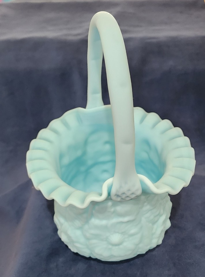 Fenton Satin BLUE Custard Glass Poppy Handled Basket VINTAGE | eBay