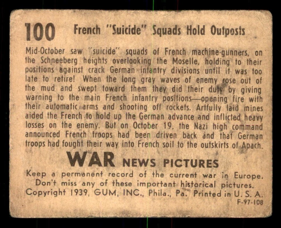 1939 Gum War News Pictures #100 French Suicide Squads Hold Outposts PR ...