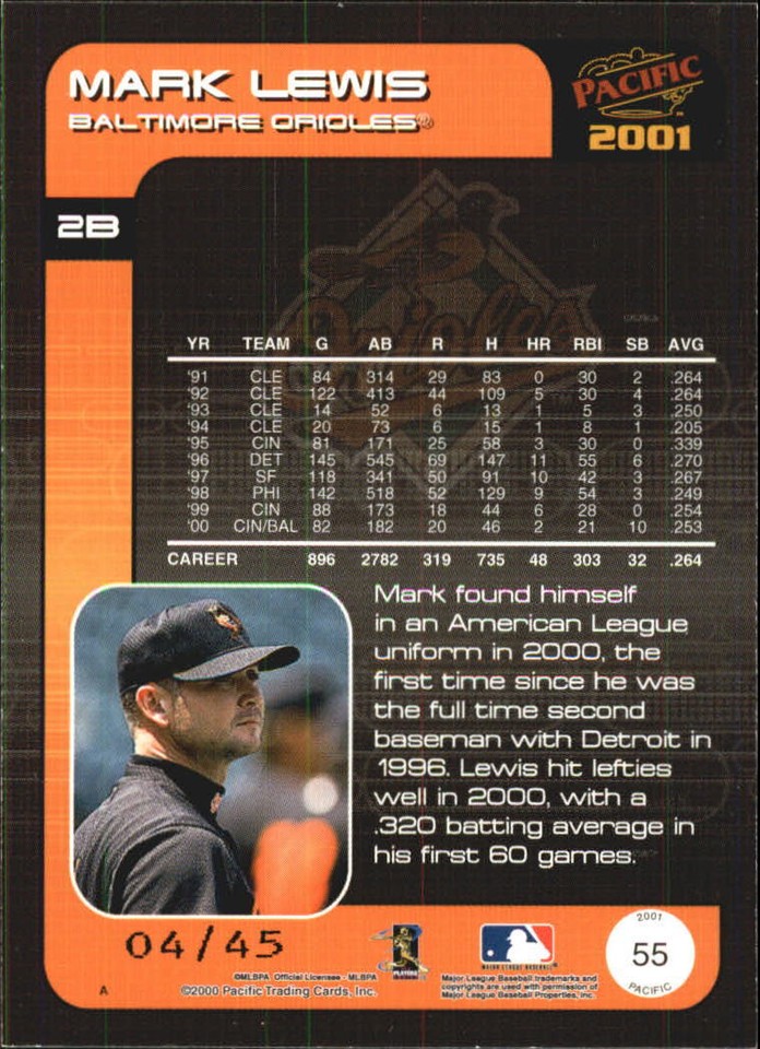 2001 Pacific Extreme LTD Baltimore Orioles Baseball Card #55 Mark Lewis ...
