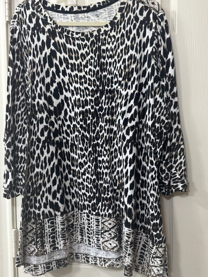Westbound Woman 3X Cuffed 3/4 Cuff Sleeve Top Cheetah Pattern Geo ...