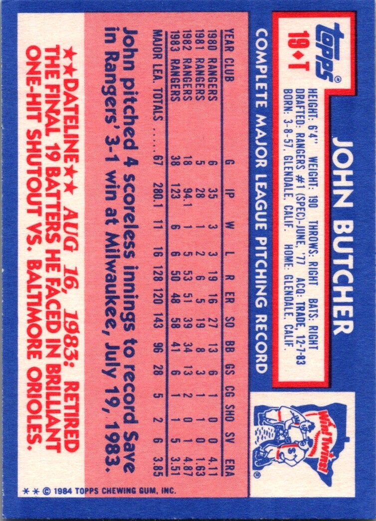 1984 Topps Traded #19T John Butcher Minnesota Twins | eBay