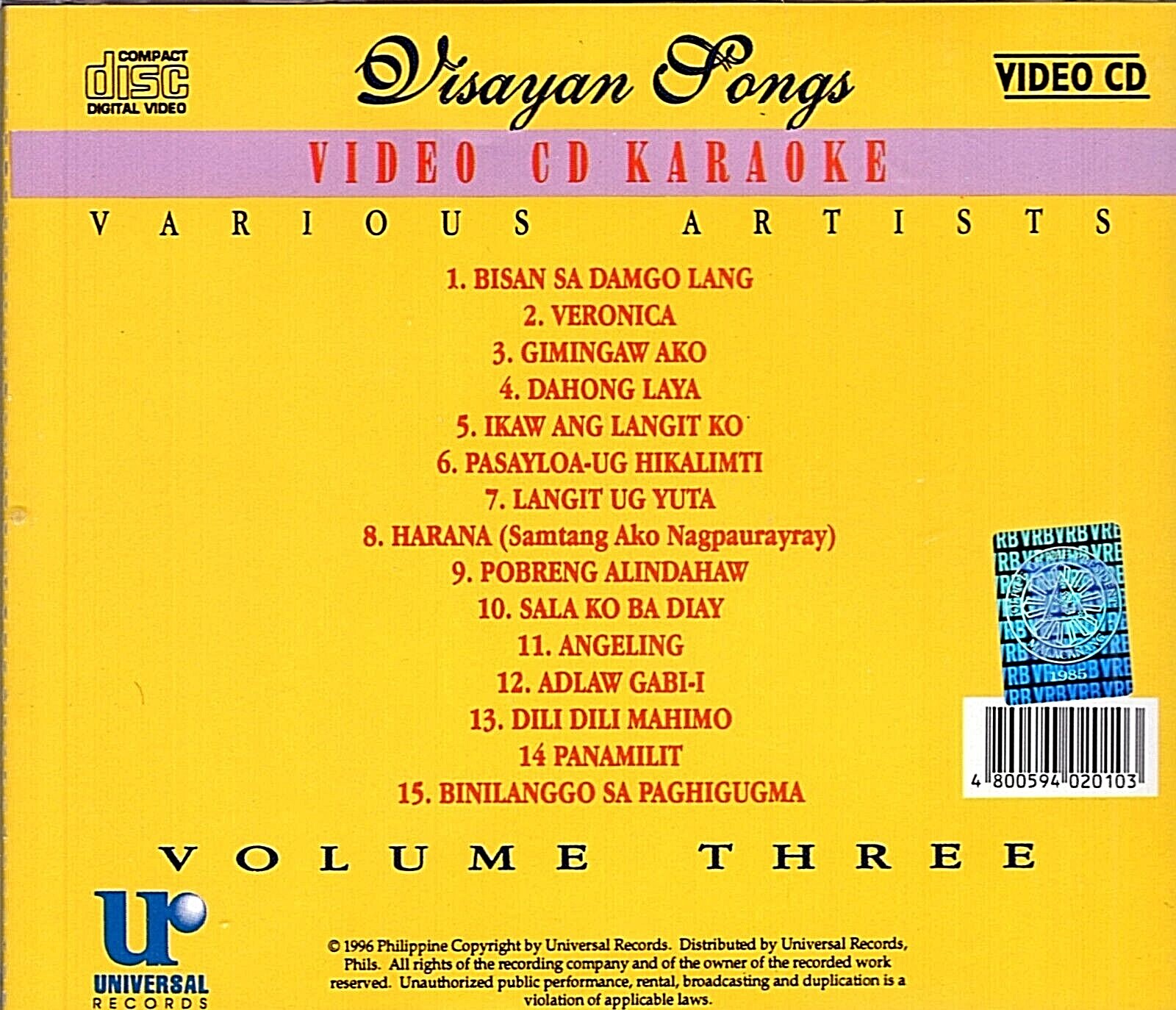 VISAYAN SONGS .. VIDEO CD .. KARAOKE .. VOL. 3 .. 15 TRACKS .. VARIOUS ...