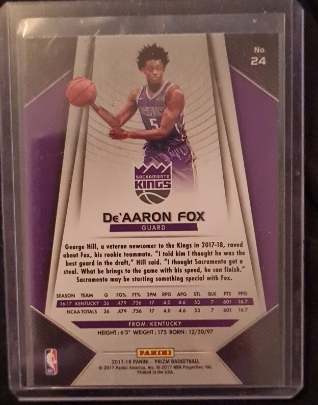 2017-18 Panini Prizm #24 De'Aaron Fox Rookie Base RC - Sacramento Kings ...