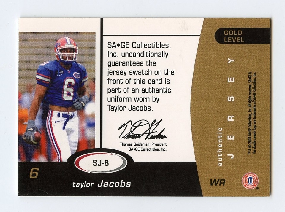 E725 TAYLOR JACOBS RC 3 COLOR PATCH 2003 SAGE GOLD 3/25 FLORIDA GATORS ...