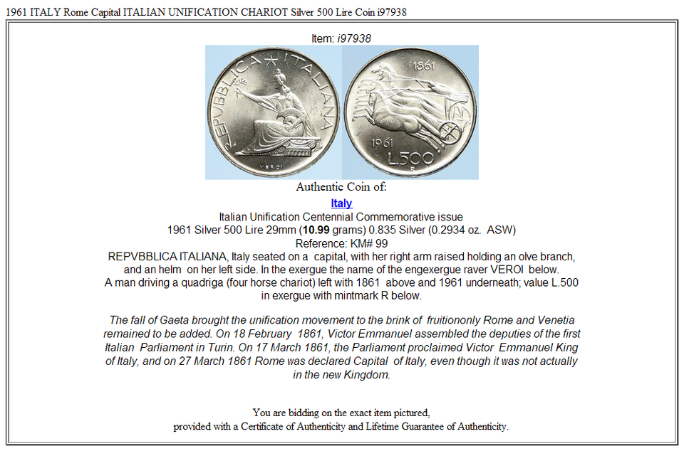 1961 ITALY Rome Capital ITALIAN UNIFICATION CHARIOT Silver 500 Lire ...