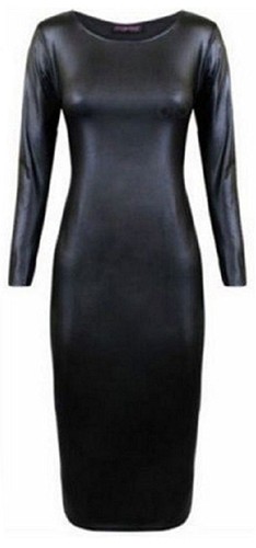 WOMEN'S LONG SLEEVE WETLOOK PVC BODYCON MIDI FAUX LEATHER DRESS SIZE 8 ...