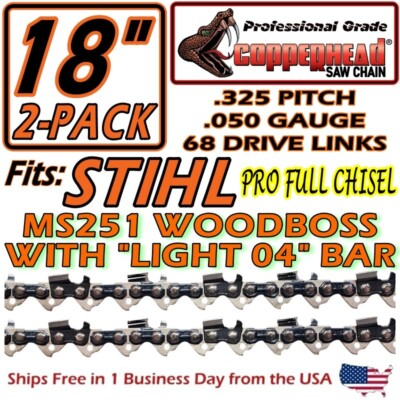 COPPERHEAD 18" 2-PK PRO FULL CHISEL SAW CHAINS FOR STIHL MS251 LIGHT ...