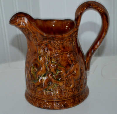 VINTAGE BENNINGTON ROCKINGHAM POTTERY PITCHER SMALL BROWN CHERUBS 4.5 ...