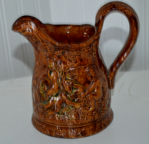 VINTAGE BENNINGTON ROCKINGHAM POTTERY PITCHER SMALL BROWN CHERUBS 4.5 ...