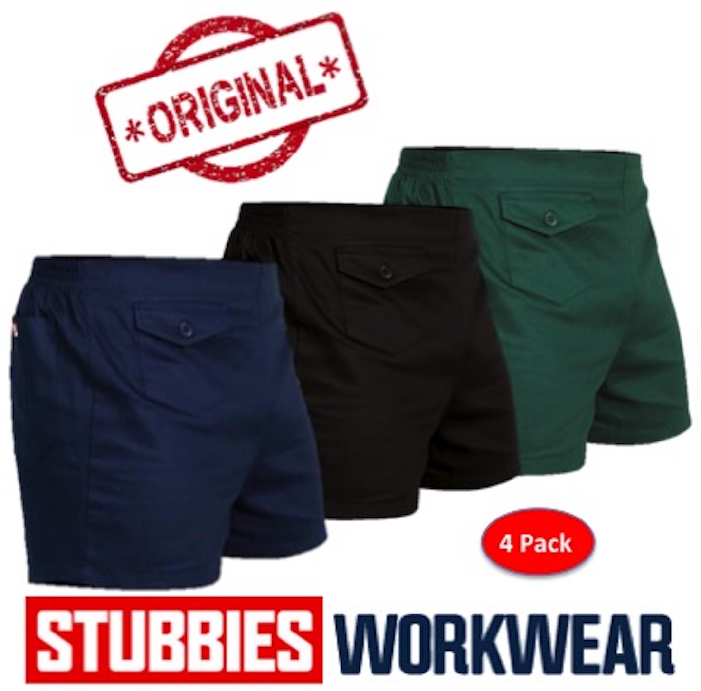 4 PACK - MENS STUBBIES "ORIGINAL" PLAIN FRONT ELASTIC BACK DRILL SHORTS ...