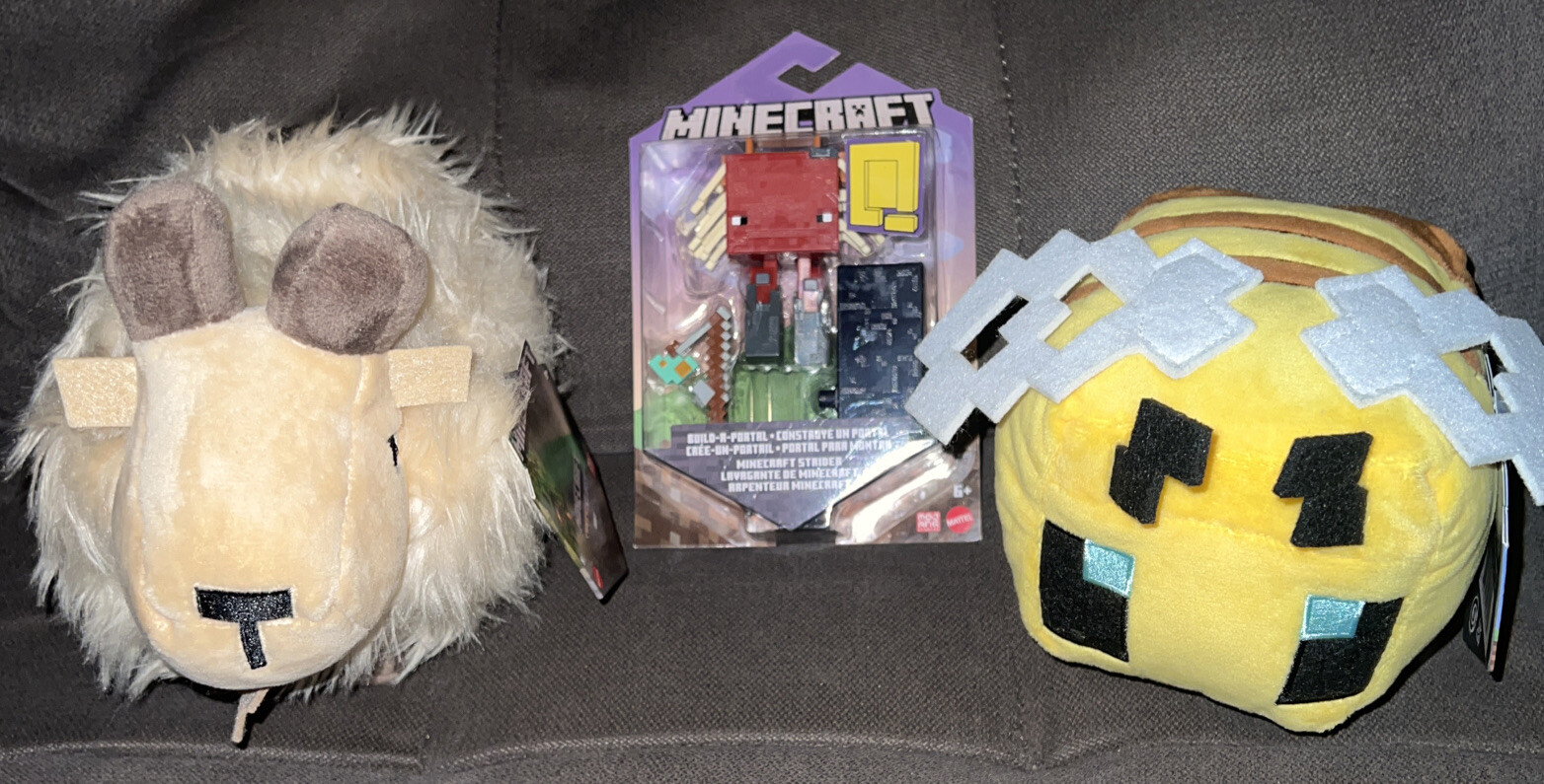 MineCraft GOAT & BEE Plush Dolls & 1 Minecraft STRIDER Craft-A-Block ...