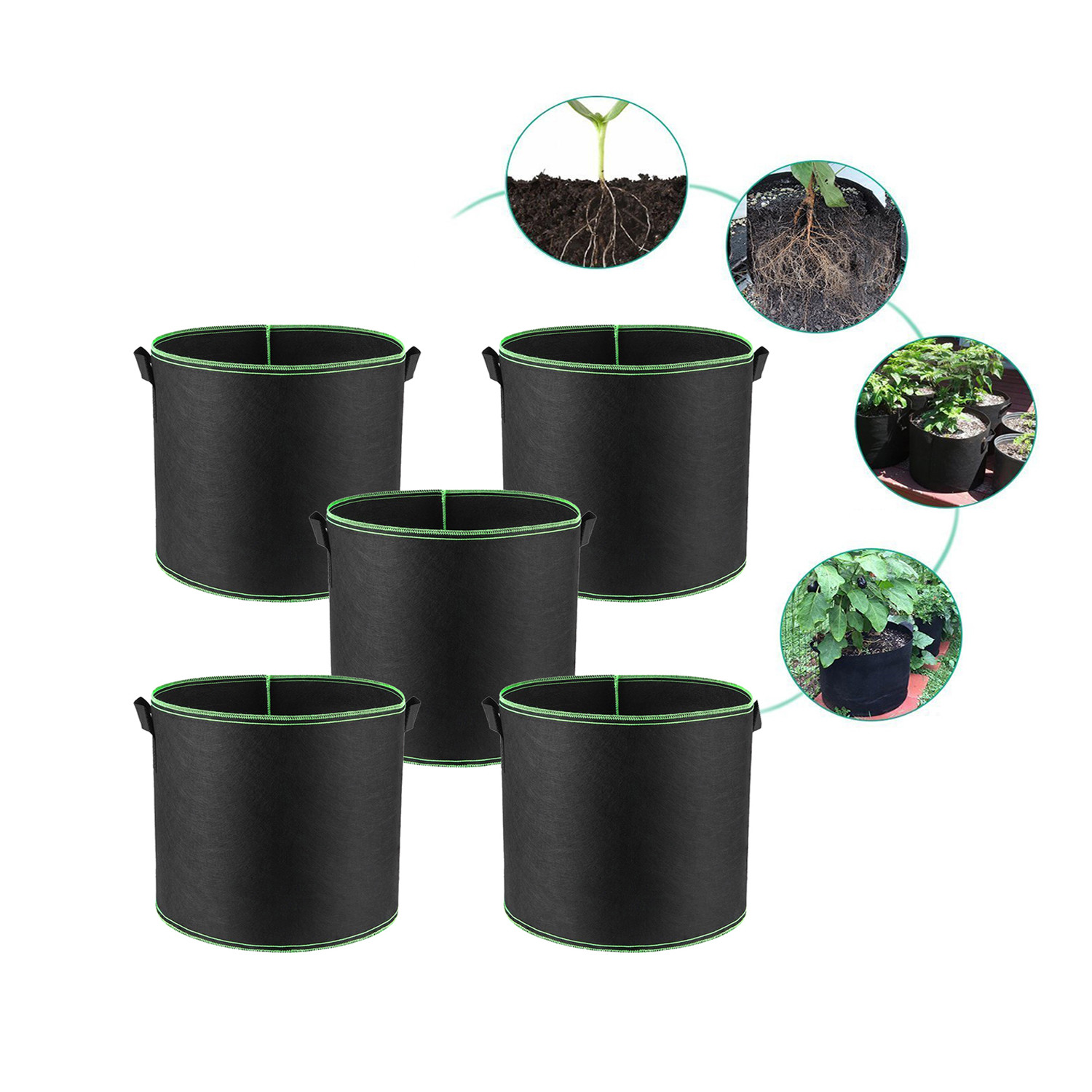 5-Pack Black/Green Grow Bags Aeration Fabric Planter Root Growing Pots ...