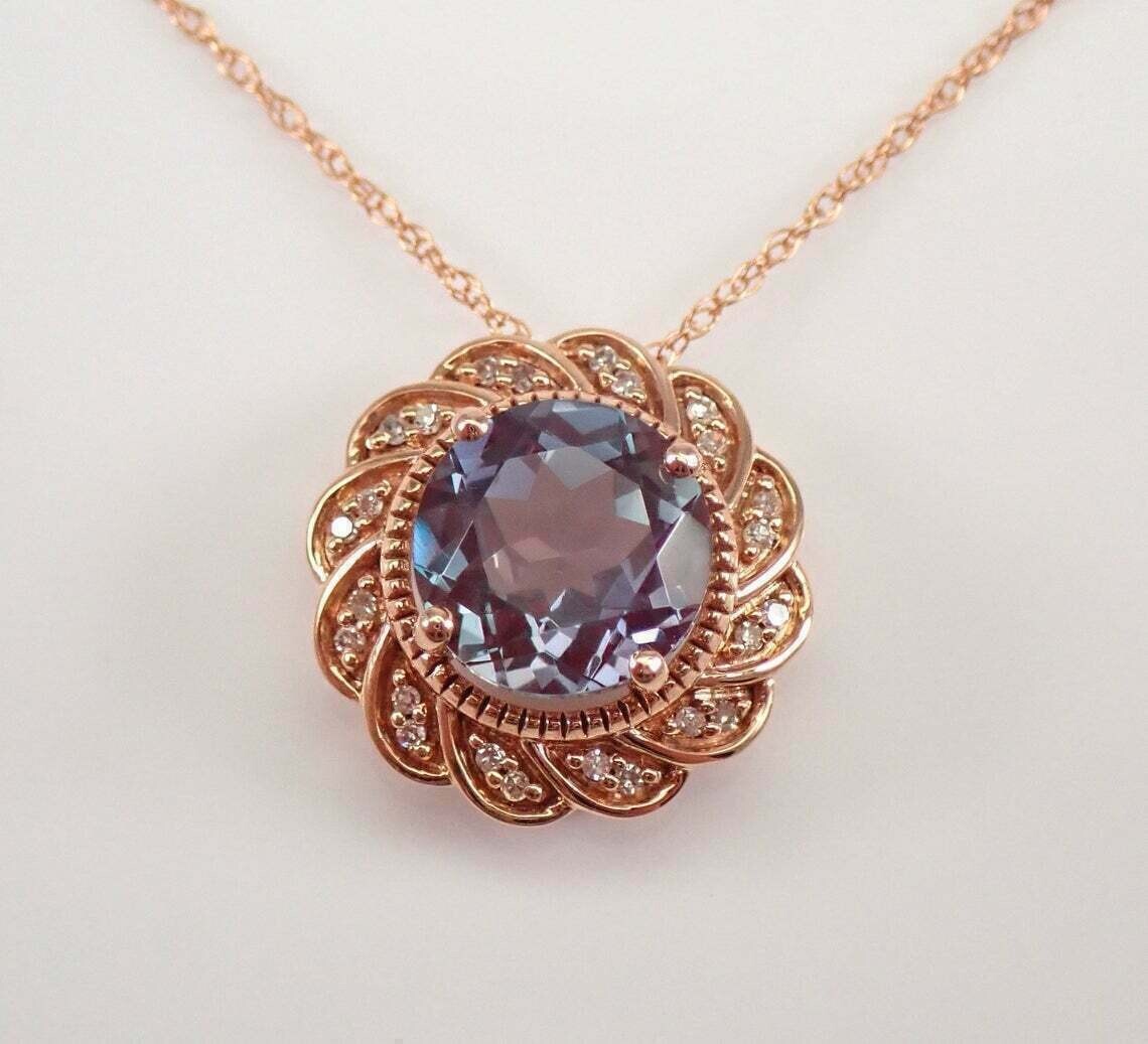 2Ct Round Cut Alexandrite Diamond Halo Pendant 14K Rose Gold Over "18 ...