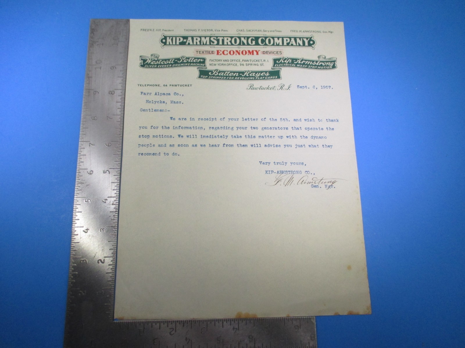 Vintage Sept 6 1907 Kip Armstrong Co Textile Economy Devices Letterhead ...
