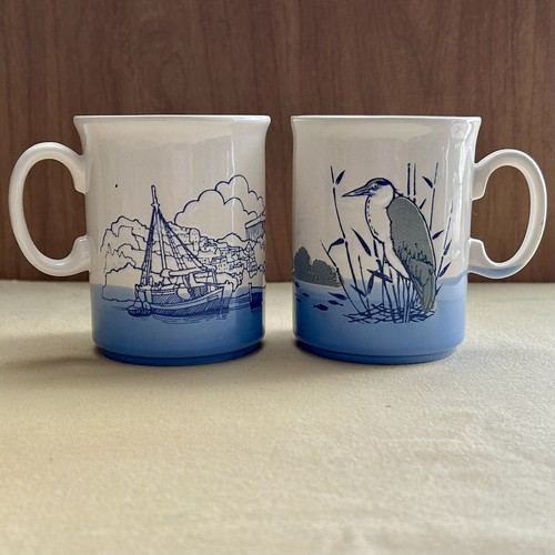 English Ironstone Tableware Mugs Blue and White Set of 2 Herons Boats ...