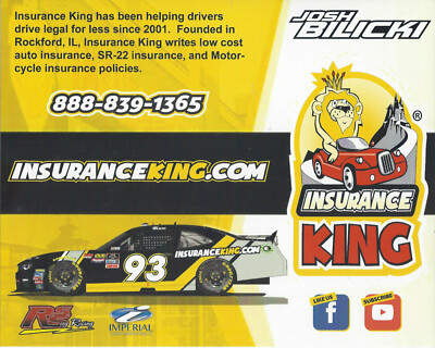 2019 JOSH BILICKI “INSURANCE KING” #93 NASCAR XFINITY SERIES POSTCARD ...
