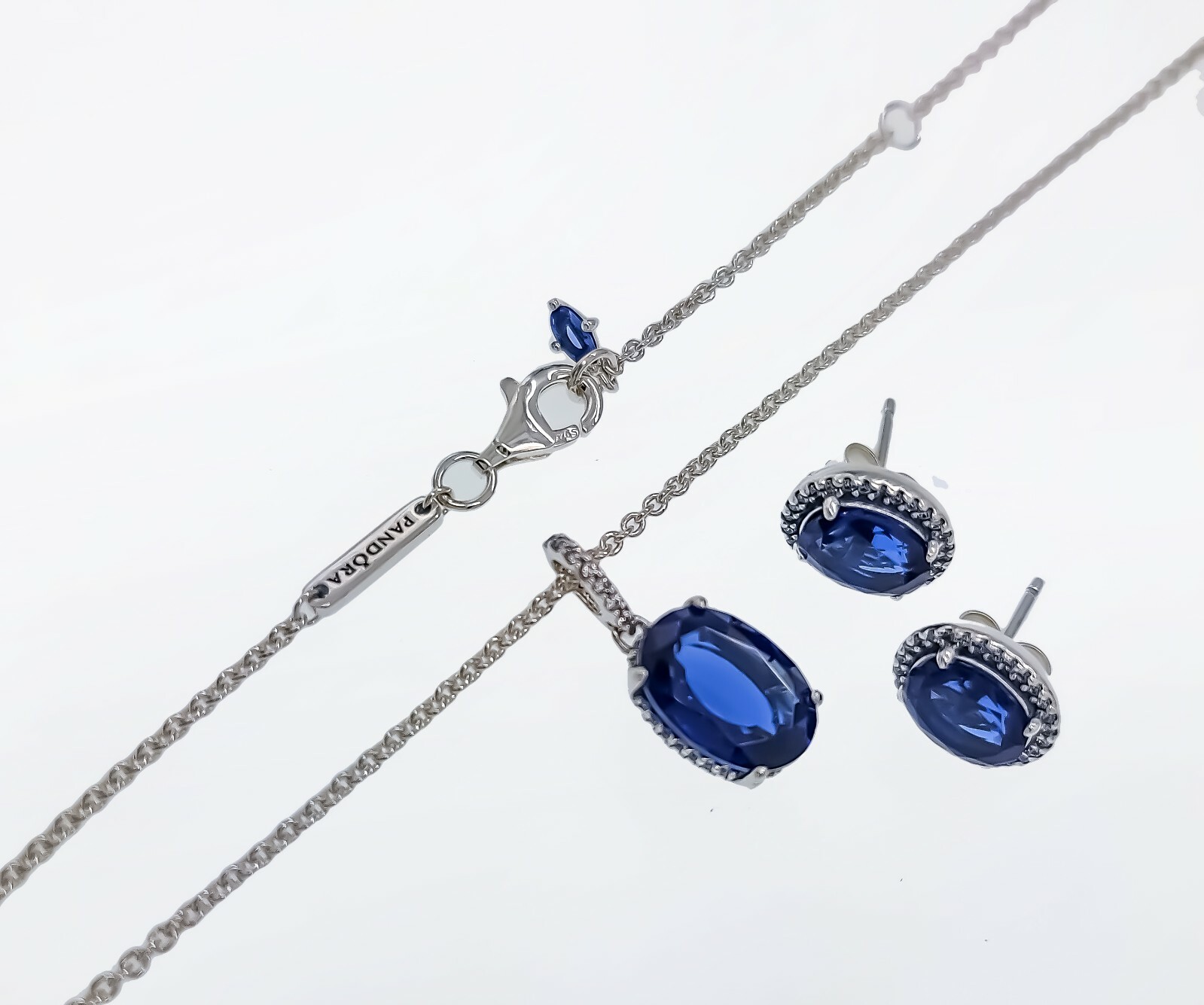 NEW 100% Authentic PANDORA Sparkling Blue Halo Necklace Earring Gift ...