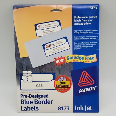 Avery 8173 Blue Border Labels 2" X 4" 20 Labels Per Sheet 10 Sheets 200 ...
