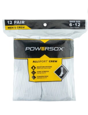 Powersox Men's Crew Socks 12 Pair White Size Large 6-12 Moisture ...