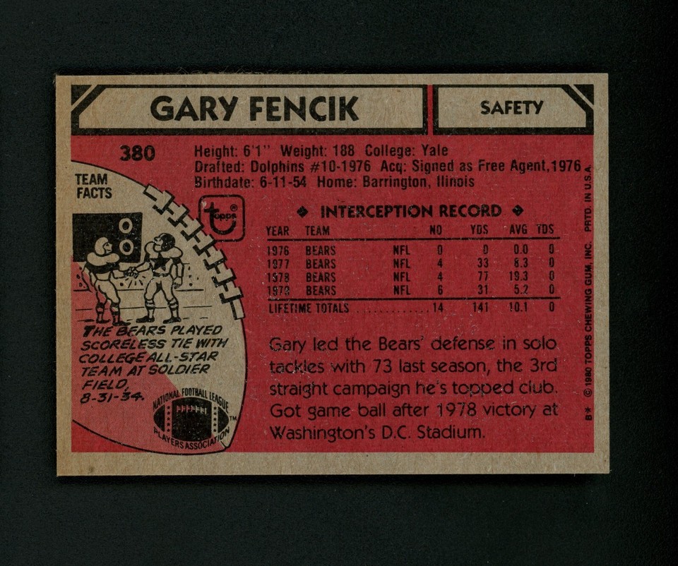 Gary Fencik 1980 Topps - Chicago Bears #380 MINT | eBay
