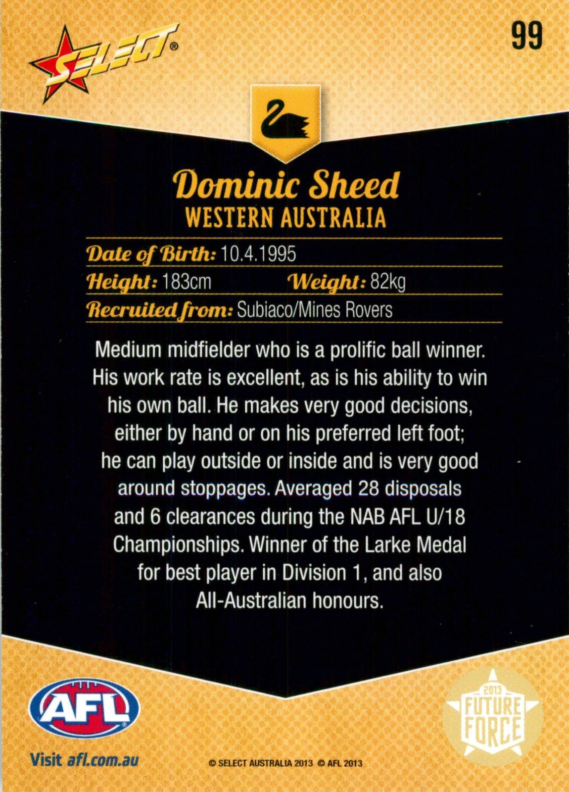2013 West Coast Eagles AFL Select Future Force Rookie Card - Dom Sheed ...