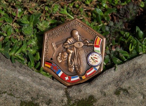 VINTAGE ENAMEL CAR / MOTORCYCLE BADGE # ADAC RALLY NORIS RING NÜRNBERG ...