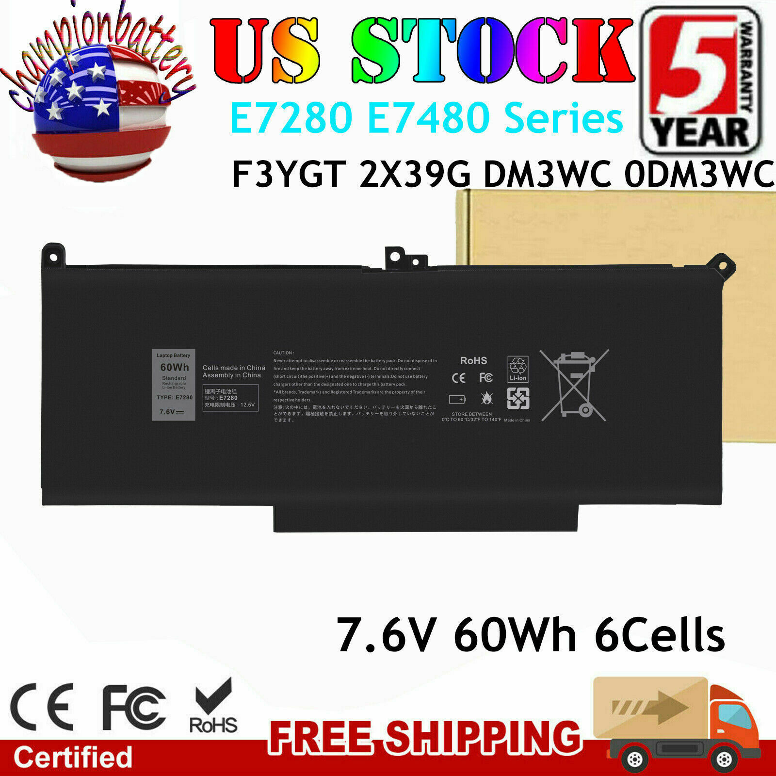 E7280 Battery for Dell Latitude 12 13 14 E7480 7480 7490 7380 7390 ...