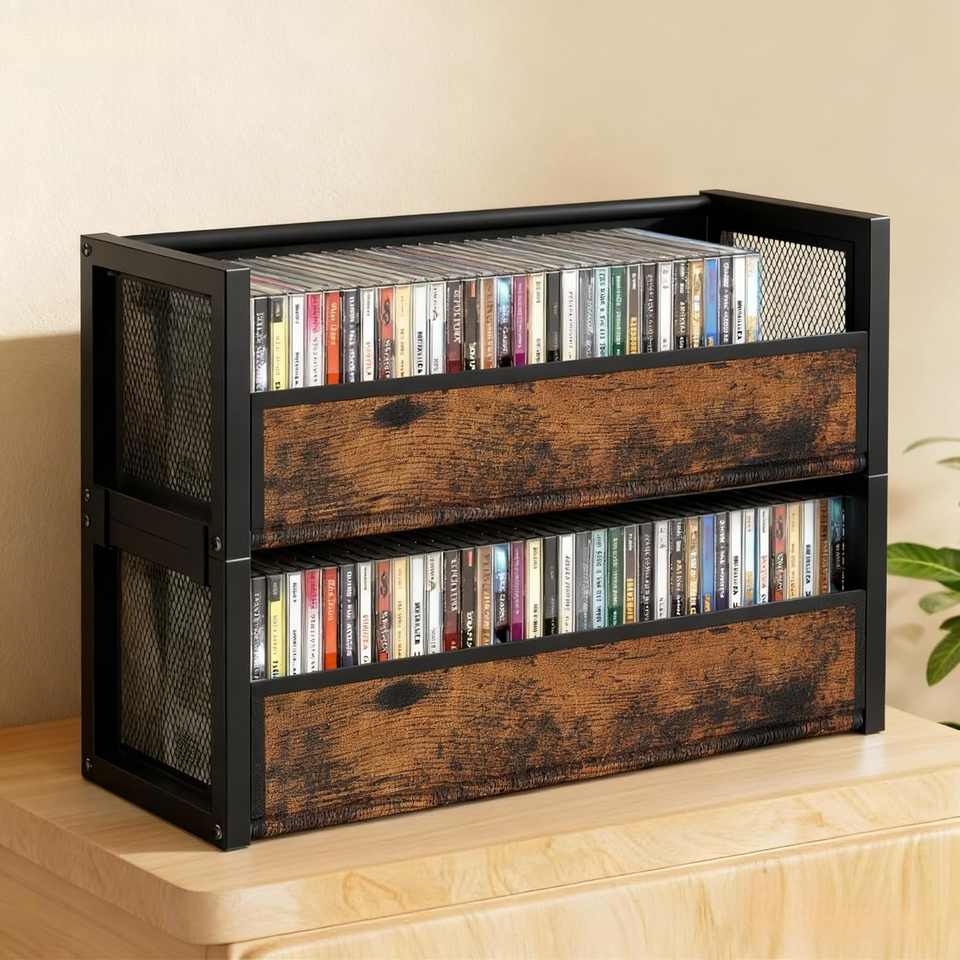 2-Tier CD Holder with Fabric Wood Grain Texture, CD Organizer, 40 Cds ...