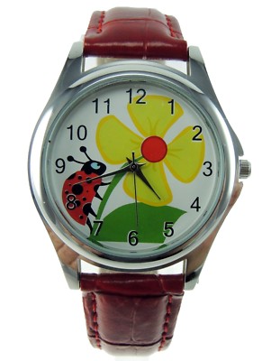 Ladybug Watch Red Faux Leather Band Yellow Flower Silver Case | eBay