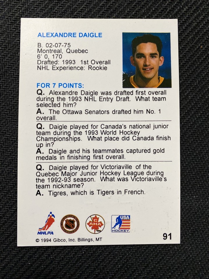 1994-95 Hockey Wit #91 Alexandre Daigle Autograph Ottawa Senators Auto ...