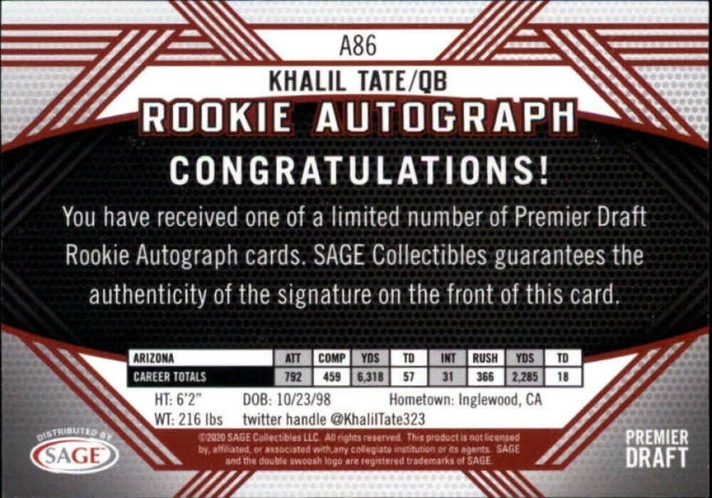2020 SAGE PREMIER DRAFT ROOKIE AUTOGRAPH Purple #A86 Khalil Tate ...